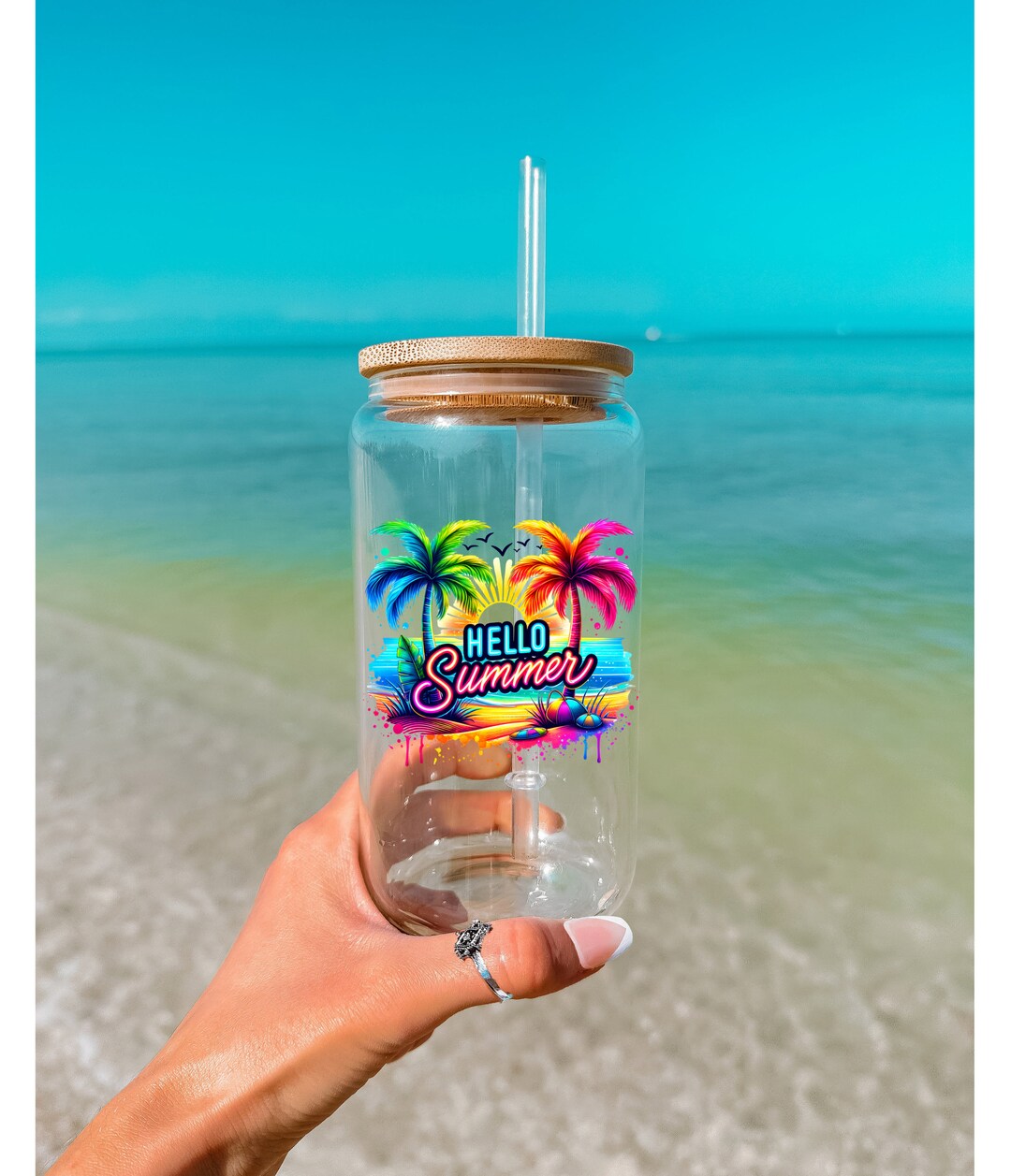 Hello Summer Sipper Glass, Welcome Summer Drinkware, Colorful Tree ...