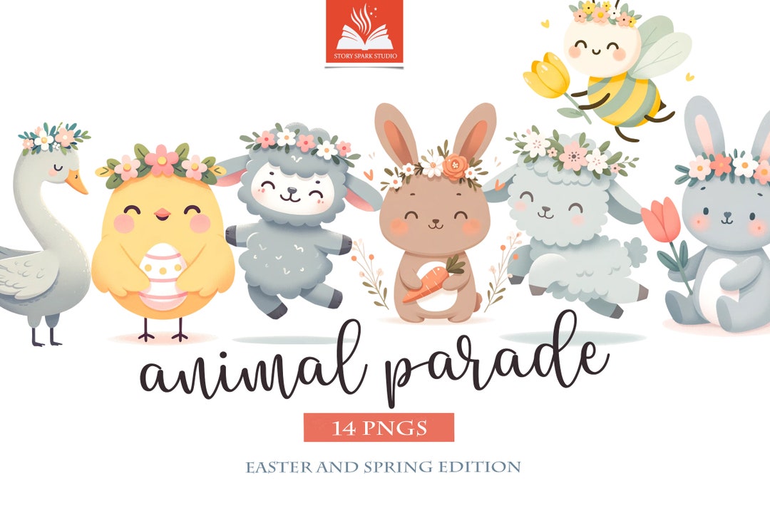 Easter Spring Animals Clipart, Cute Bunny Sheep Chick Bee Illustrations ...