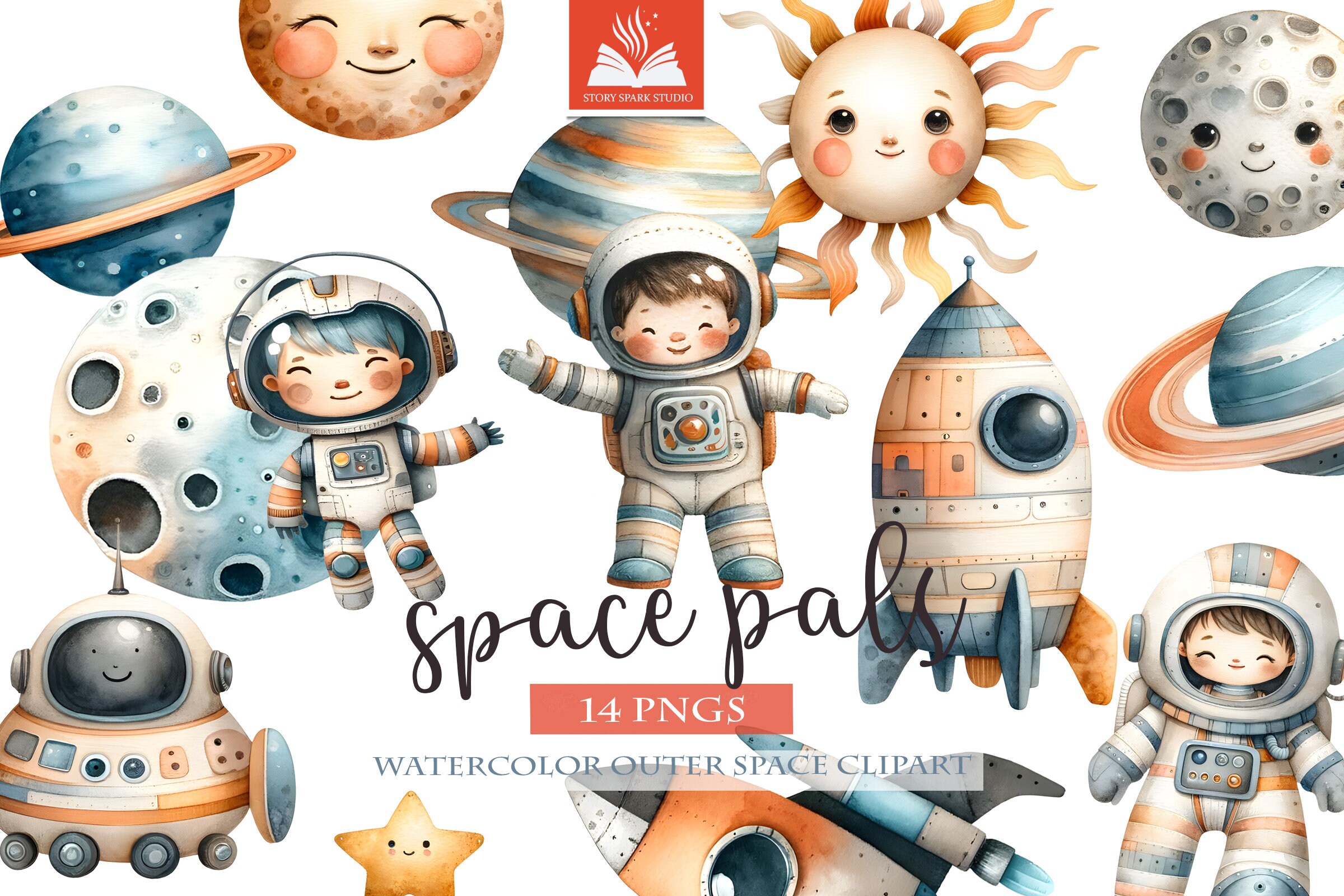 Space-themed Watercolor Clipart Cute Astronaut and Planets ...