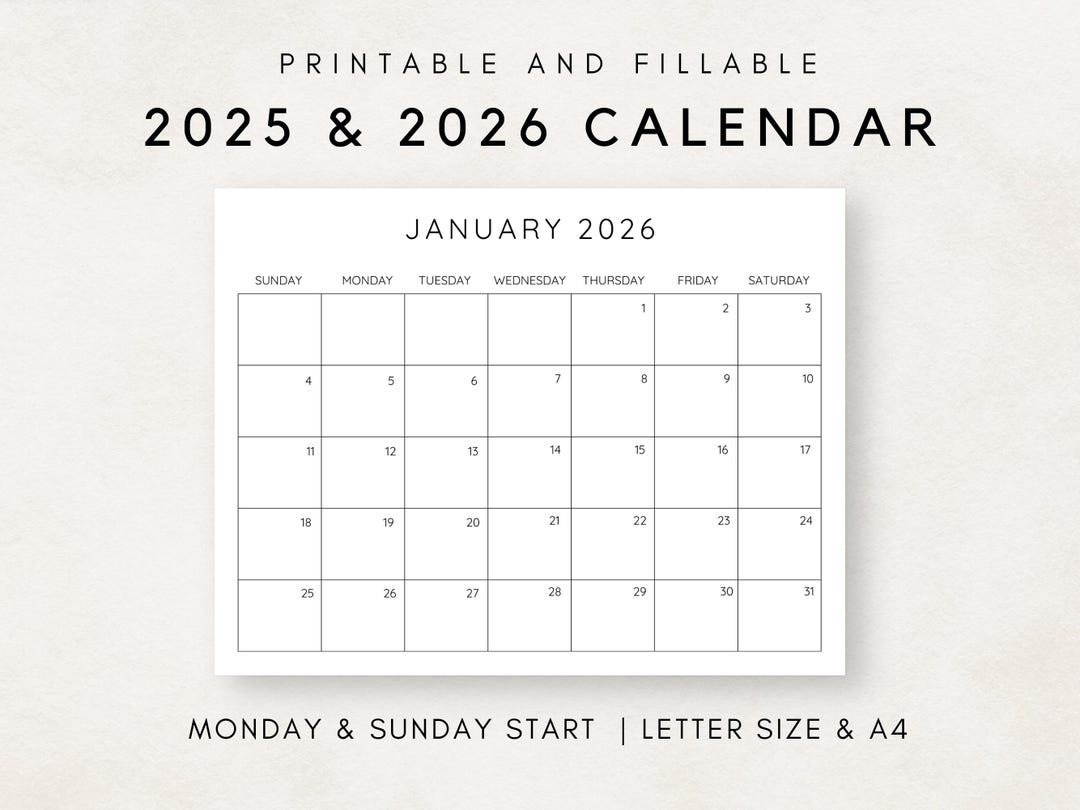 2025- 2026 Calendar Printable, Monthly Calendar 2025- 2026, Fillable ...