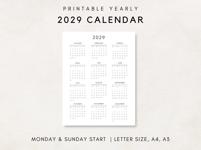 2029 Yearly Calendar, Printable Calendar, 2029 Calendar, 2029 Digital ...