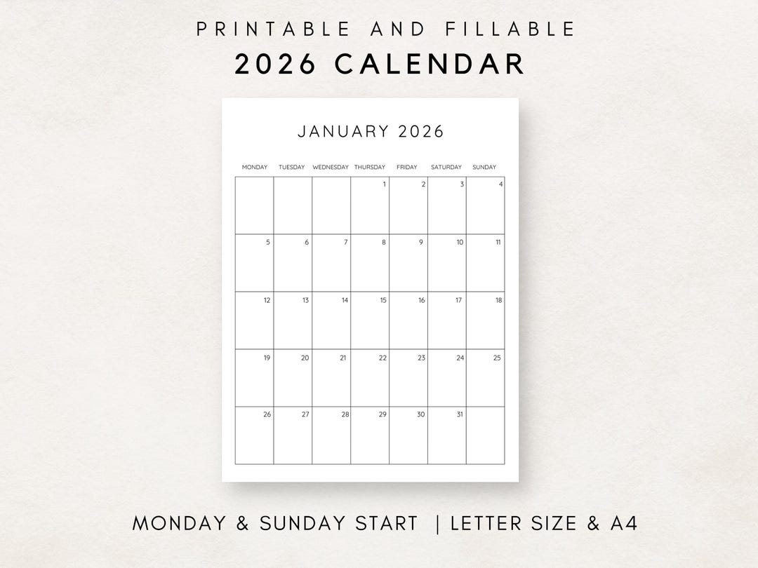Minimalist Calendar 2026, Printable Calendar 2026, Monthly Calendar ...