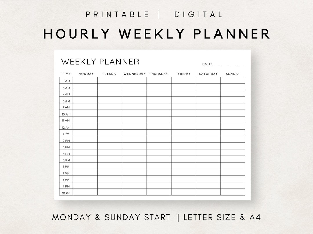 Weekly Hourly Schedule, Hourly Weekly Planner Printable, Hourly Planner ...