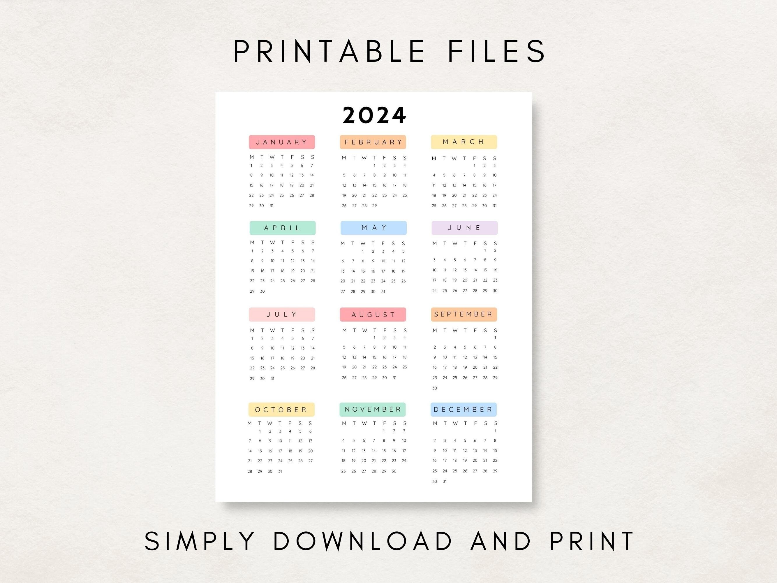 2024 Yearly Calendar Printable, Yearly Calendar Poster, 2024 Calendar ...