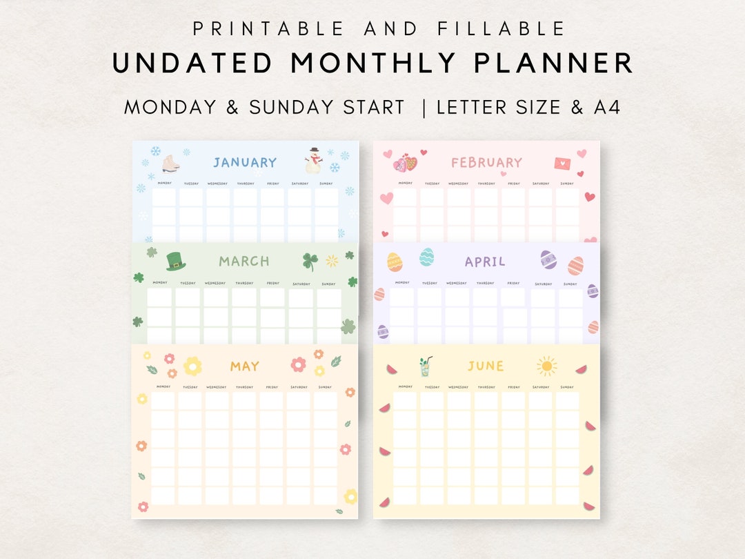 Undated Monthly Planner, Monthly Calendar Undated, Monthly Planner ...