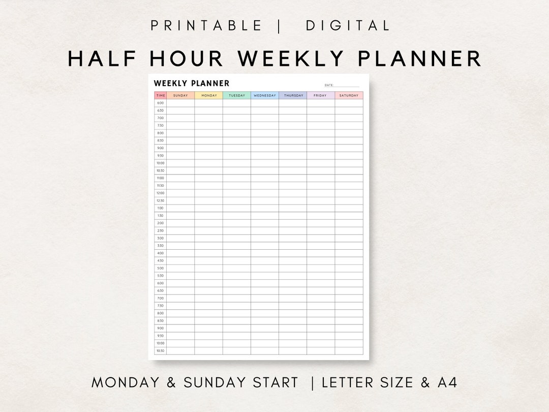 Half Hour Weekly Planner, Half Hour Schedule, Weekly Half Hourly Plan ...