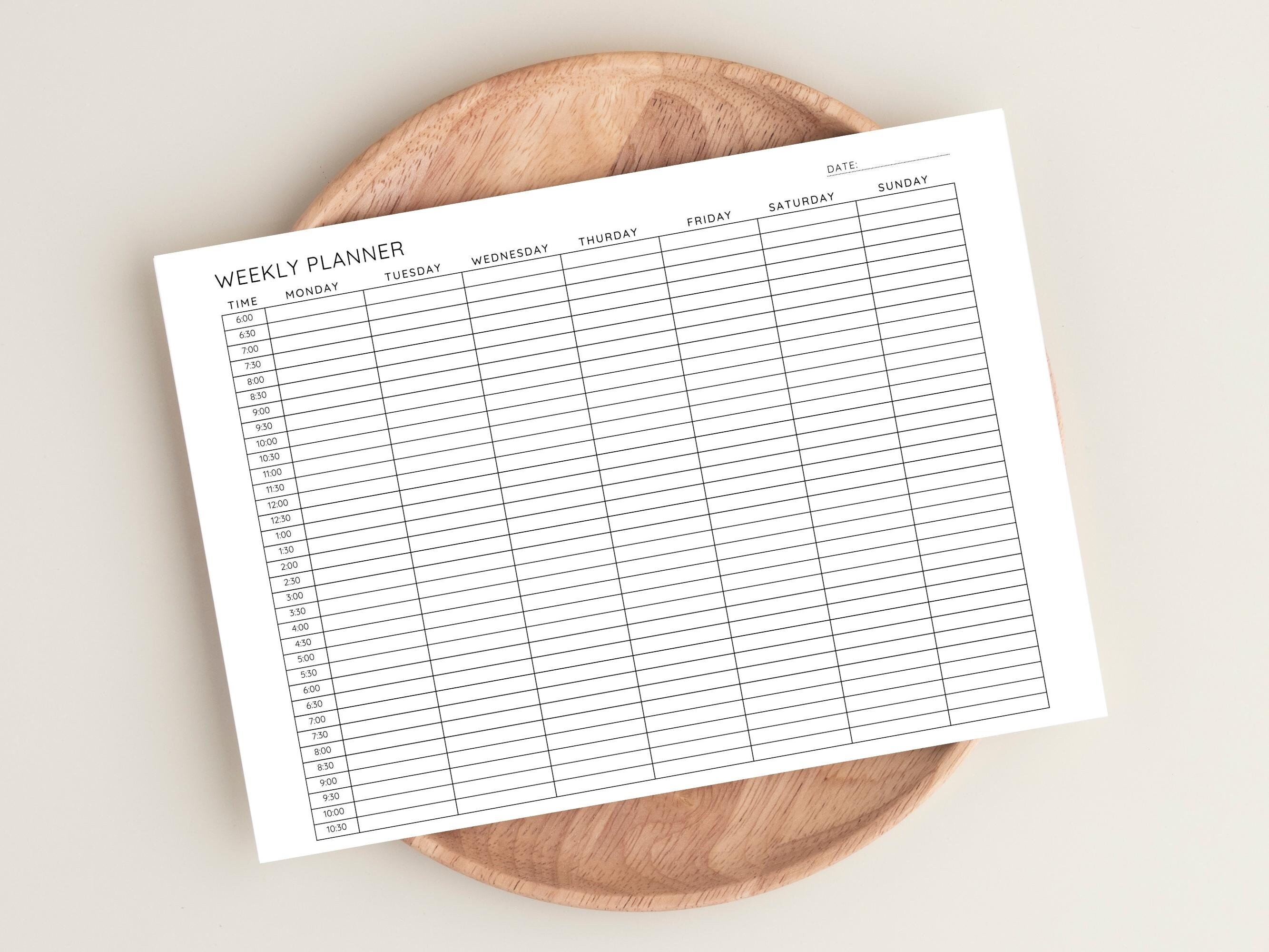 Half Hour Weekly Planner, Half Hour Schedule, Weekly Half Hourly Plan ...