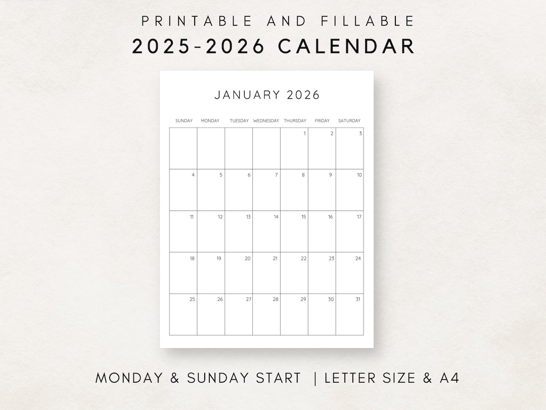 Calendar 2025- 2026 Printable, Monthly Calendar, Fillable Calendar ...