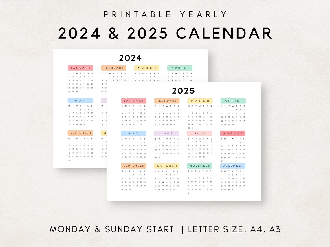 2024-2025 Yearly Calendar Printable, 2024-2025 Calendar, 2024-2025 ...