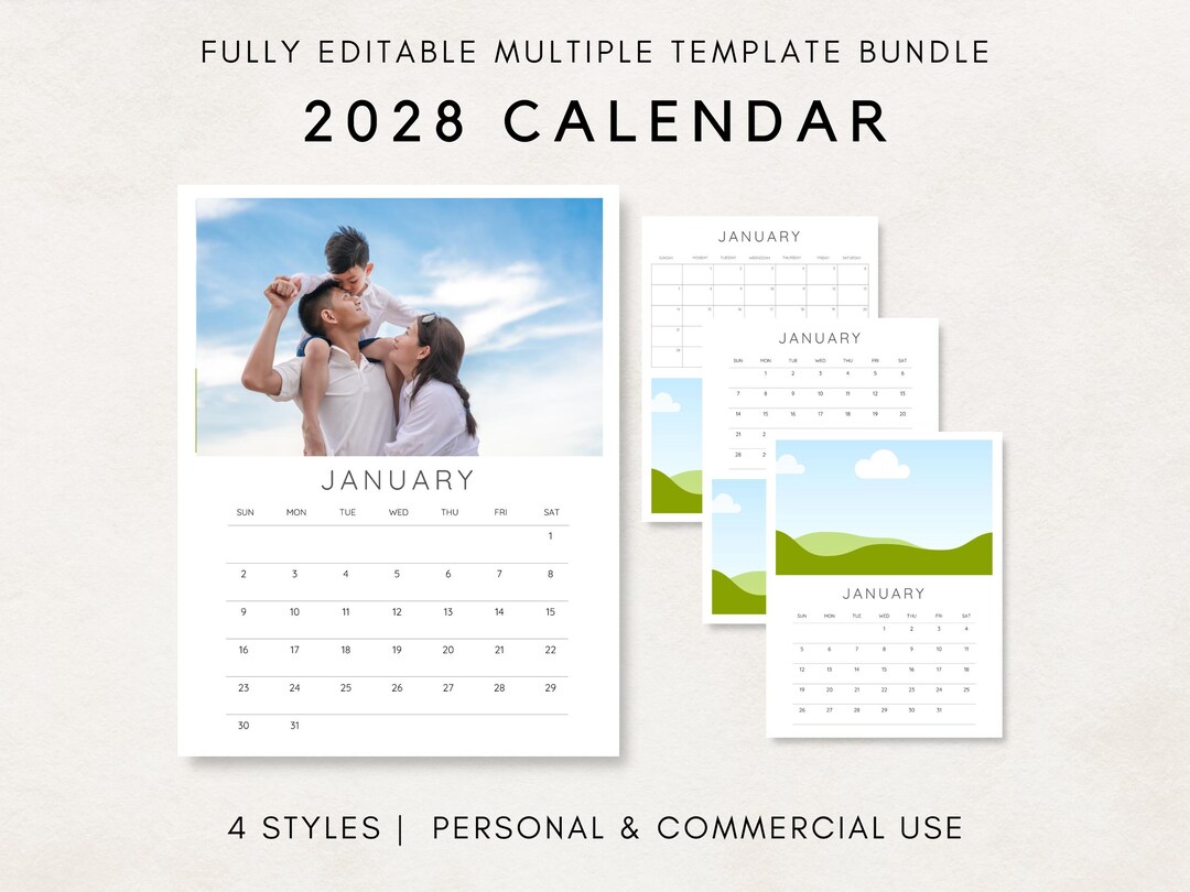 2028 Calendar Template, 2028 Photo Calendar, 2028 Wall Calendar, Blank ...