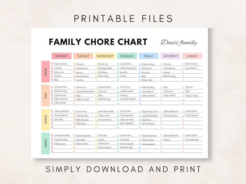 Family Chore Chart Printable, Editable Family Planner, Family Chores ...