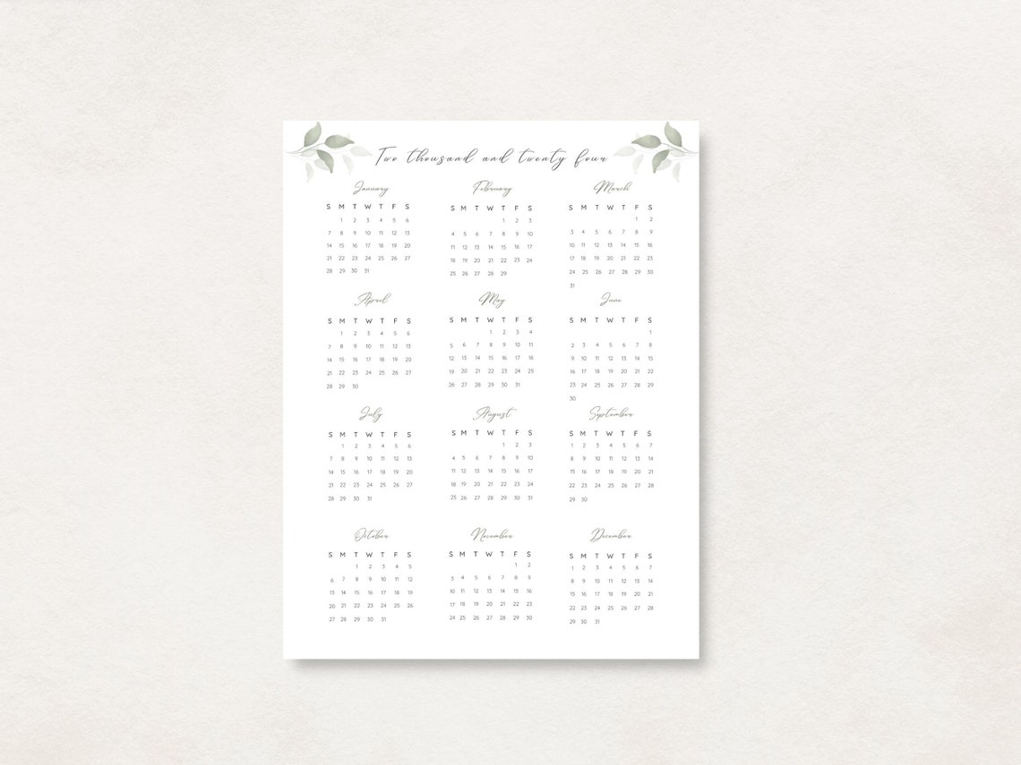 2024 Yearly Calendar Printable, Yearly Calendar Poster, 2024 Calendar ...