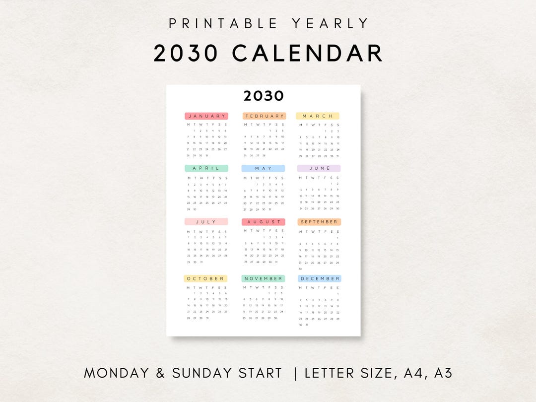 2030 Yearly Calendar, Printable Calendar, 2030 Calendar, 2030 Digital ...