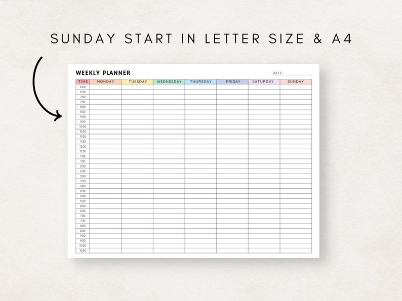 Half Hour Weekly Schedule, Half Hour Planner, Weekly Half Hourly Plan ...