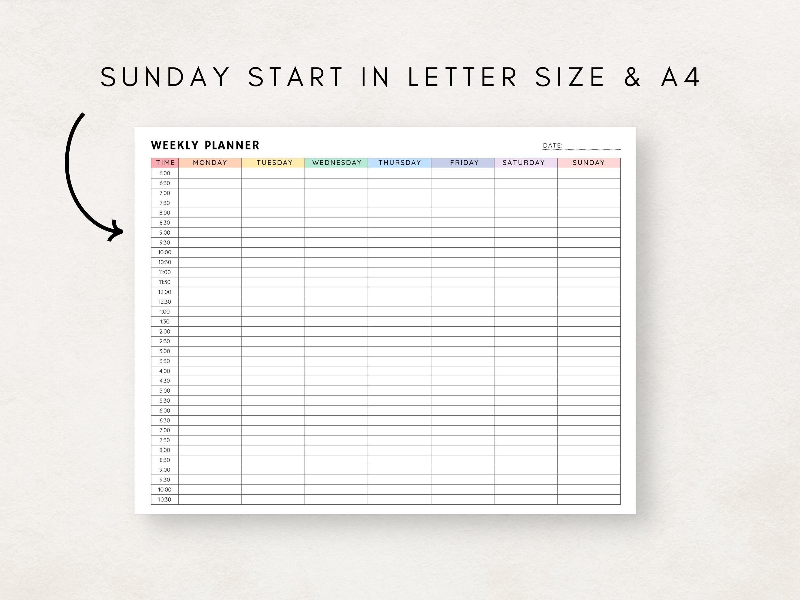 Half Hour Weekly Schedule, Half Hour Planner, Weekly Half Hourly Plan ...