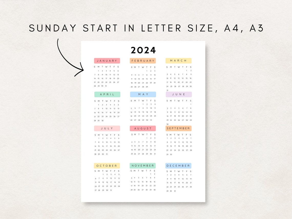 2024 Yearly Calendar Printable, Yearly Calendar Poster, 2024 Calendar ...