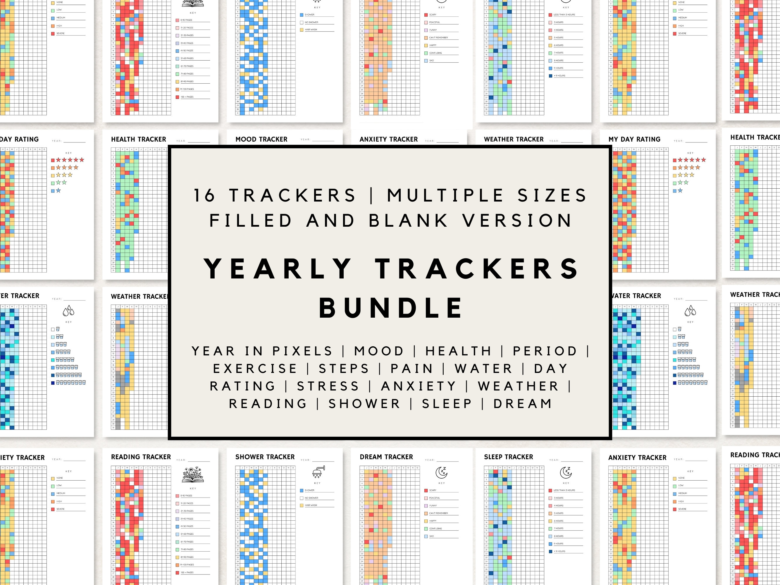 Yearly Tracker Bundle, Yearly Tracker, Year in Pixels, Yearly Habit ...