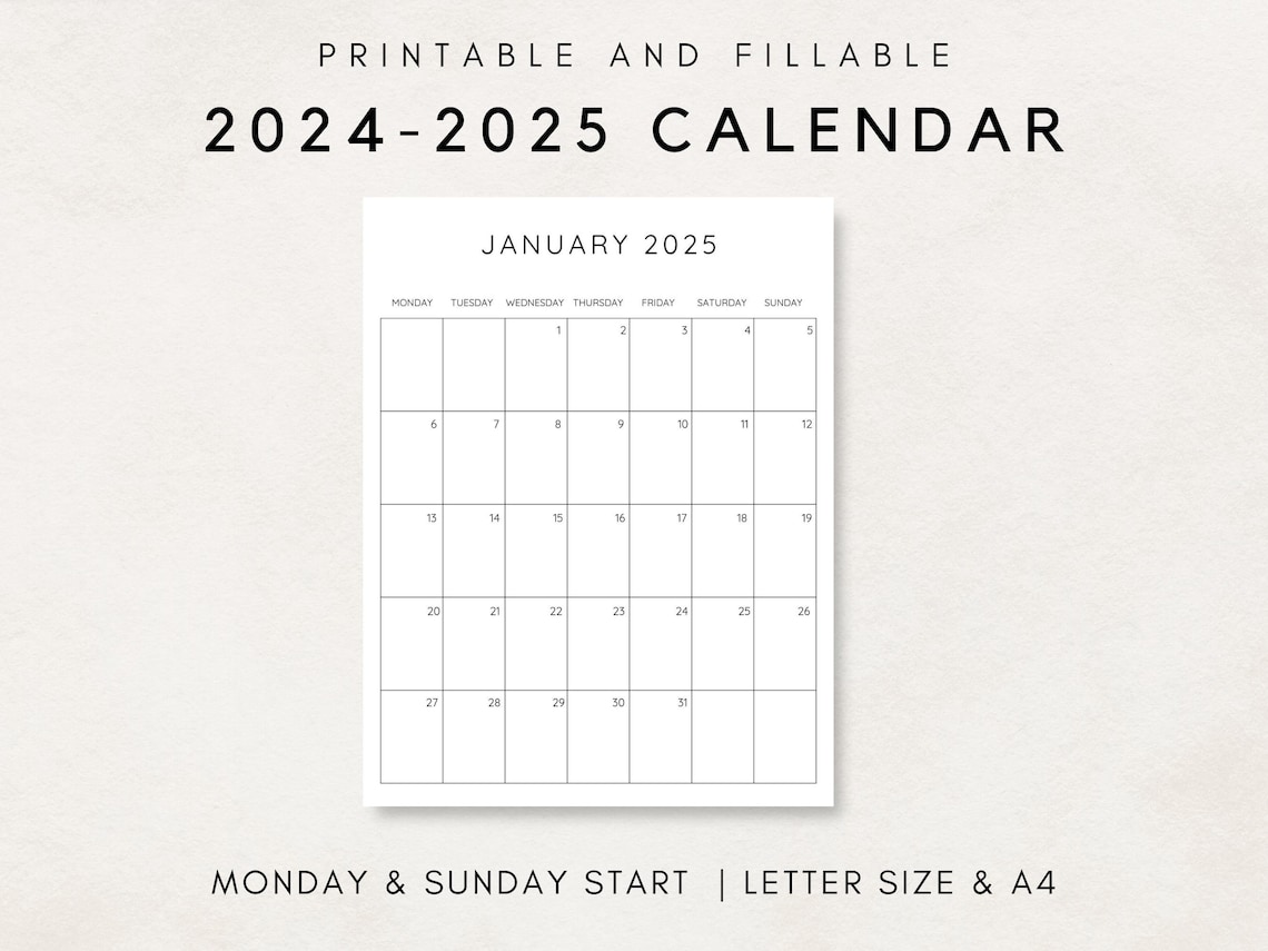 Calendar 2024- 2025 Printable, Monthly Calendar, Fillable Calendar ...