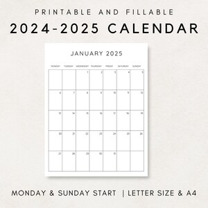 Calendar 2024- 2025 Printable, Monthly Calendar, Fillable Calendar ...