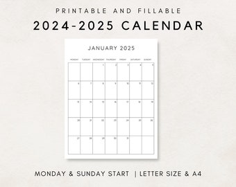 2024 2025 Calendar Printable, Monthly Calendar 2024 2025, Fillable ...