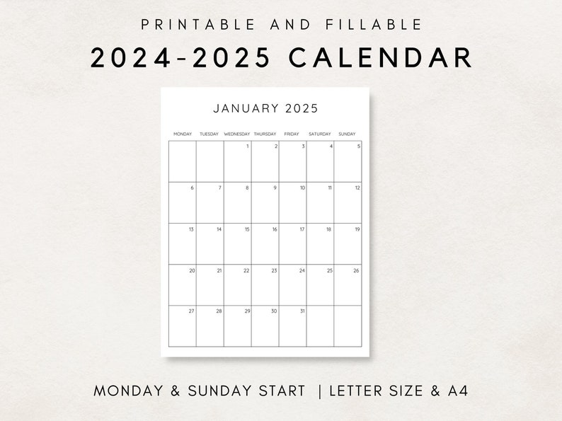 Calendar 2024- 2025 Printable, Monthly Calendar, Fillable Calendar ...