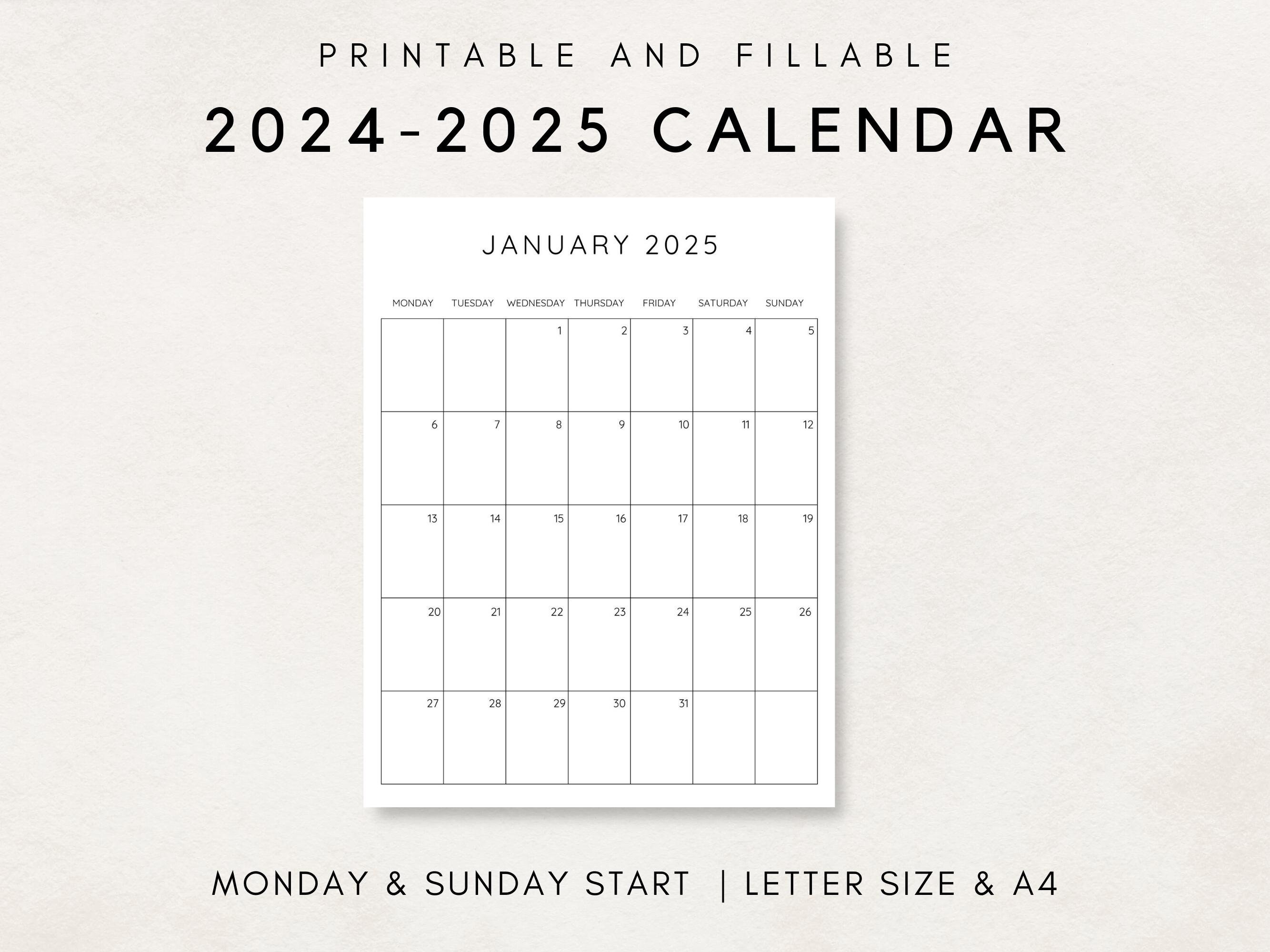 Calendar 2024- 2025 Printable, Monthly Calendar, Fillable Calendar ...