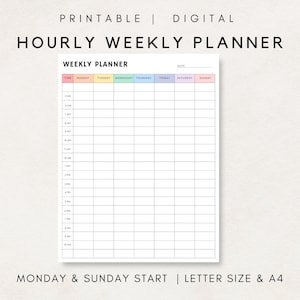 Weekly Hourly Planner, Hourly Weekly Schedule, Hourly Planner, Undated ...