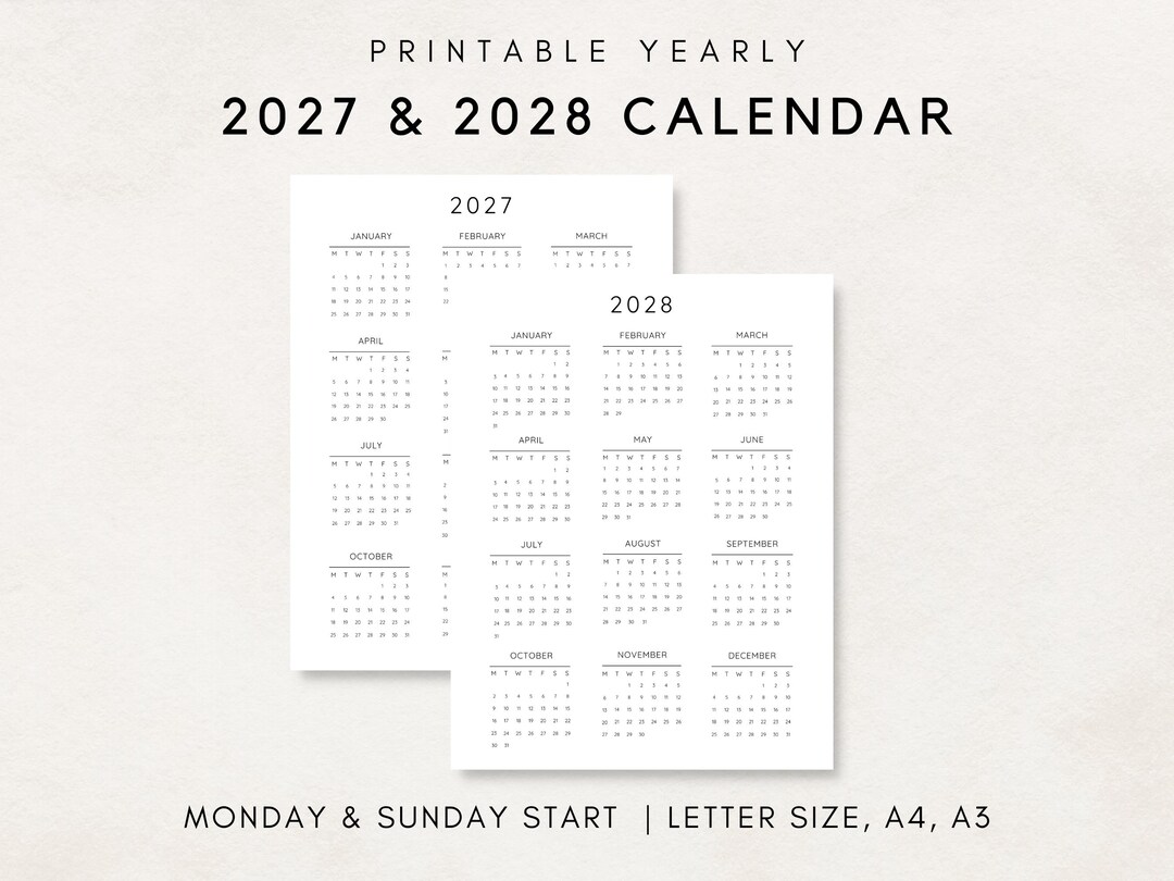 2027-2028 Yearly Calendar, Printable Calendar, 2027-2028 Calendar ...