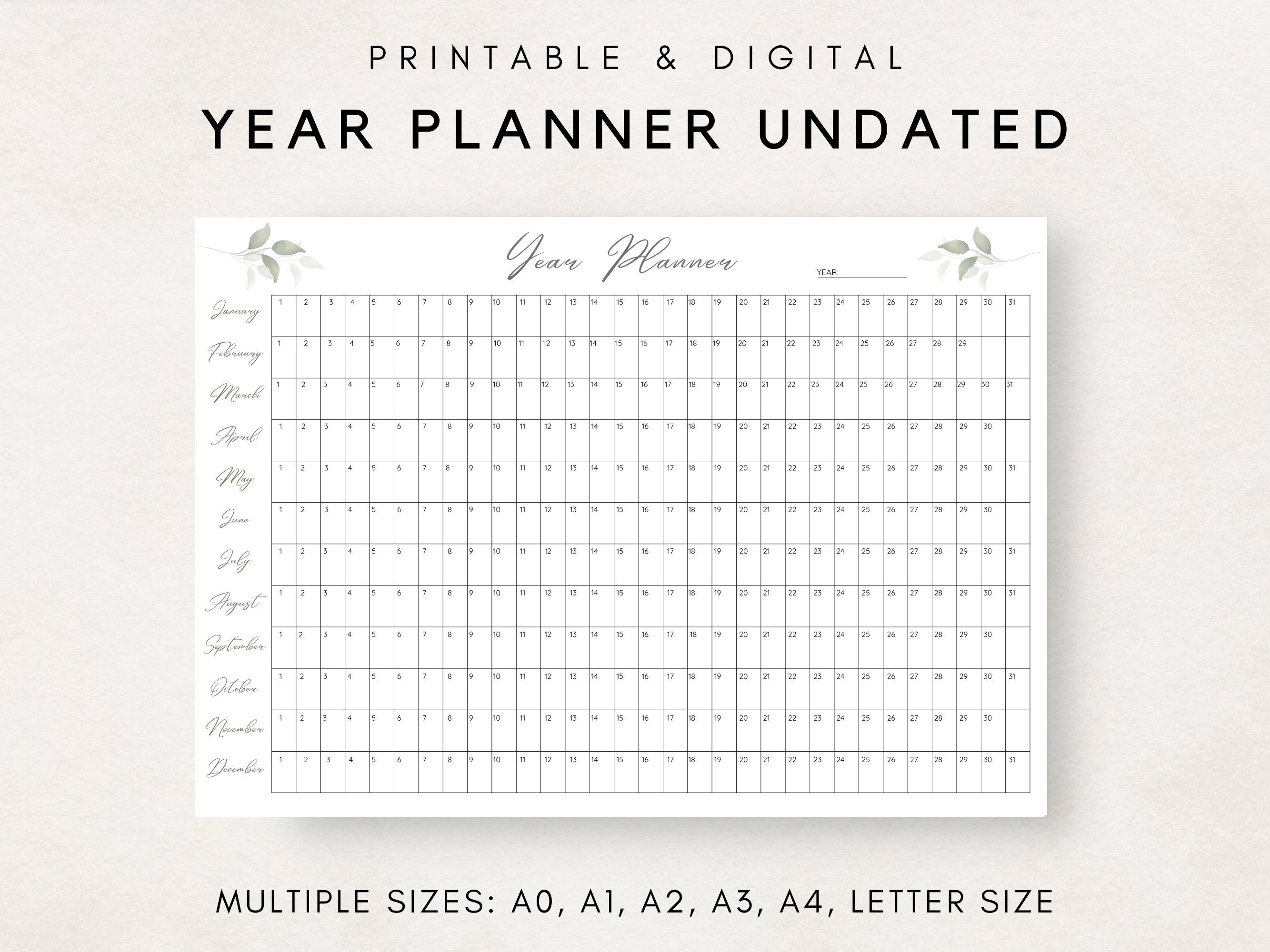 Full Year Calendar, Yearly Planner on 1 Page, Yearly Wall Planner ...