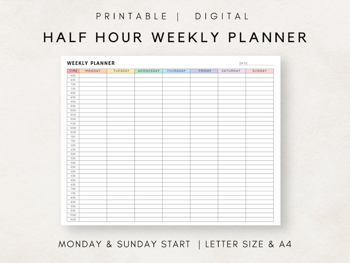 Half Hour Weekly Schedule, Half Hour Planner, Weekly Half Hourly Plan ...