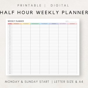 Half Hour Weekly Schedule, Half Hour Planner, Weekly Half Hourly Plan ...