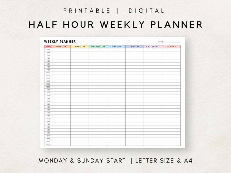 Half Hour Weekly Schedule, Half Hour Planner, Weekly Half Hourly Plan ...