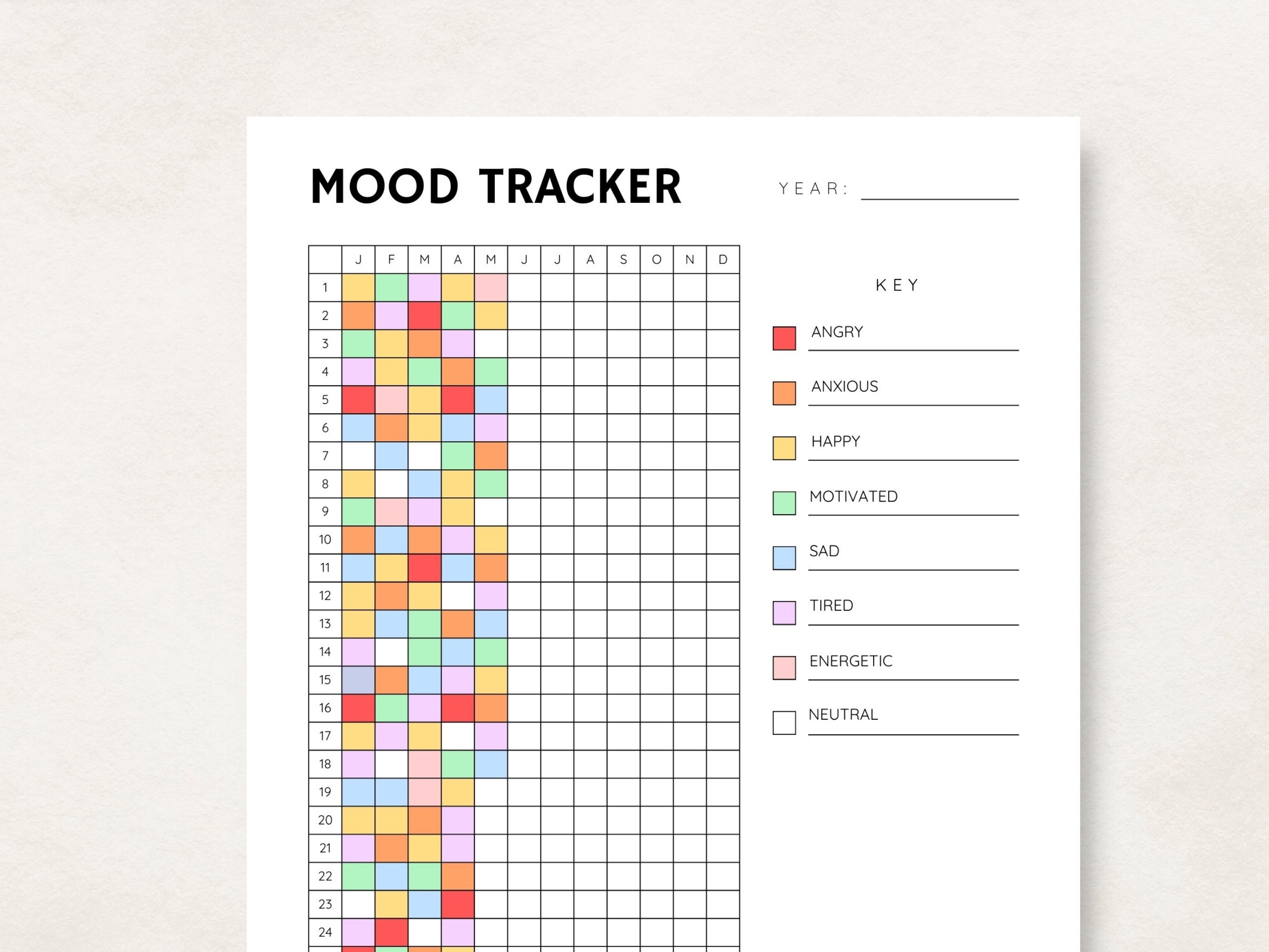 Mood Tracker Printable, Yearly Mood Tracker, Mood Tracker, Mood Chart ...