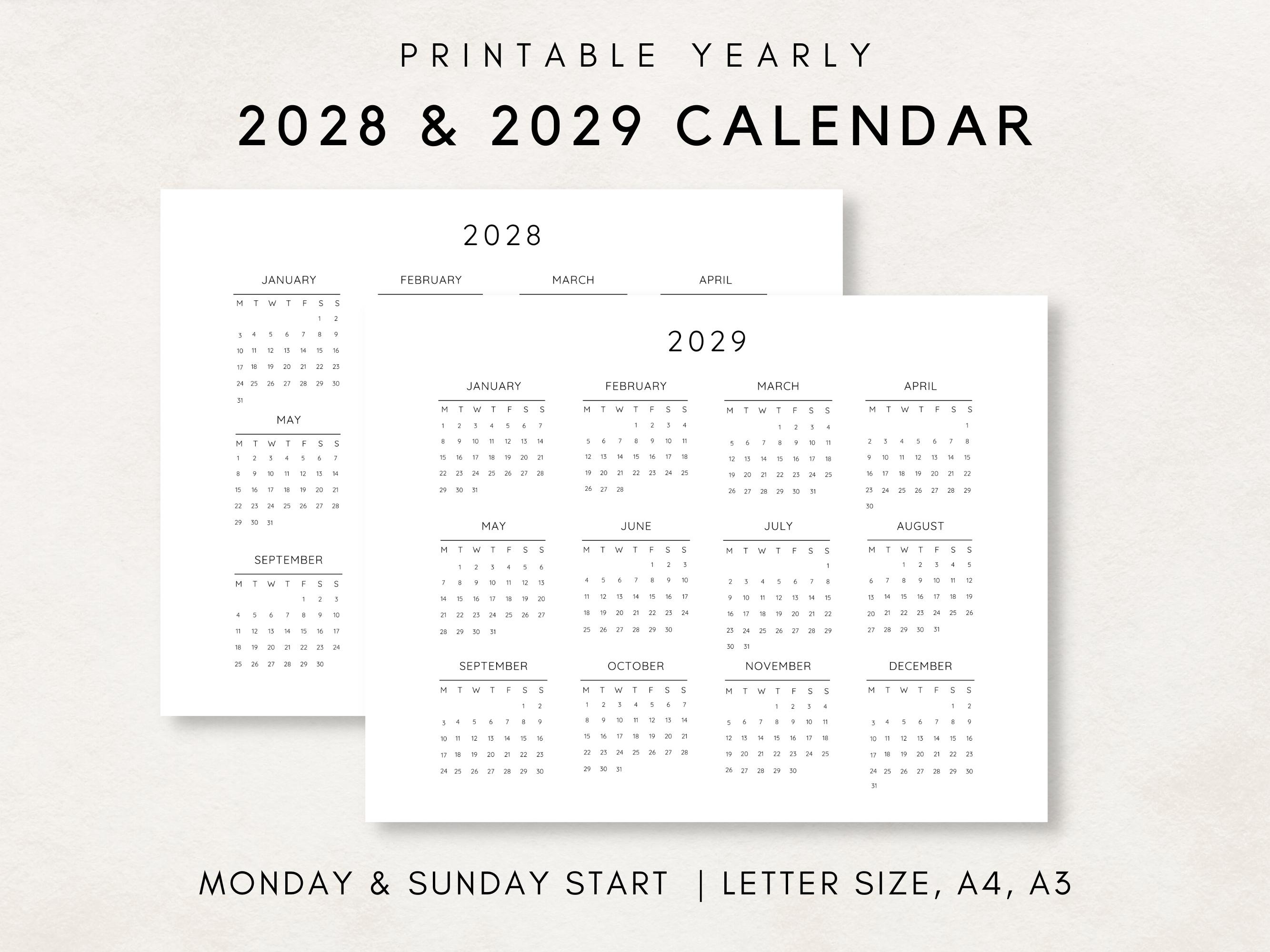 2028-2029 Yearly Calendar, Printable Calendar, 2028-2029 Calendar ...