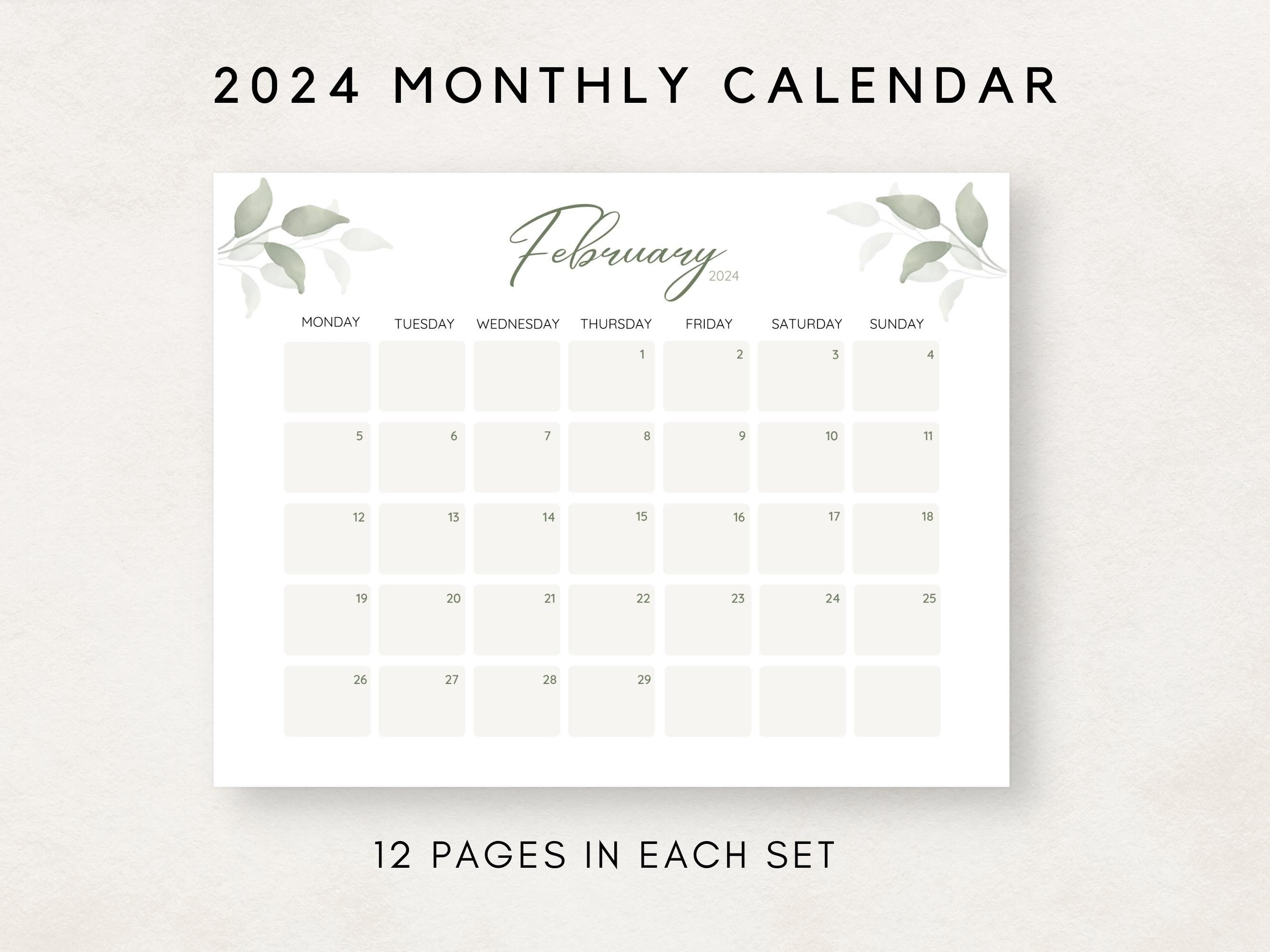 Printable Calendar 2024, Botanical Calendar Printable, 2024 Calendar ...