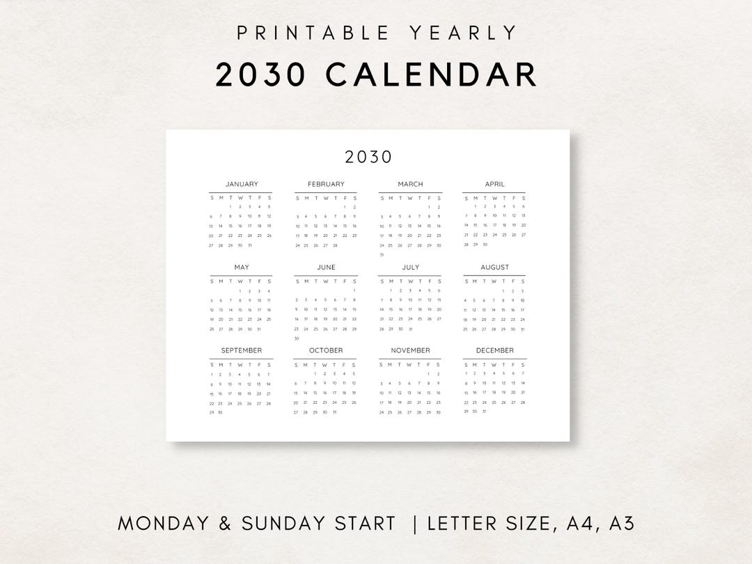2030 Yearly Calendar, Printable Calendar, 2030 Calendar, Digital ...