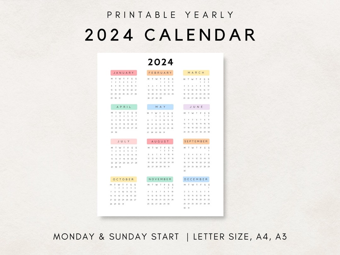 2024 Yearly Calendar Printable, Yearly Calendar Poster, 2024 Calendar ...
