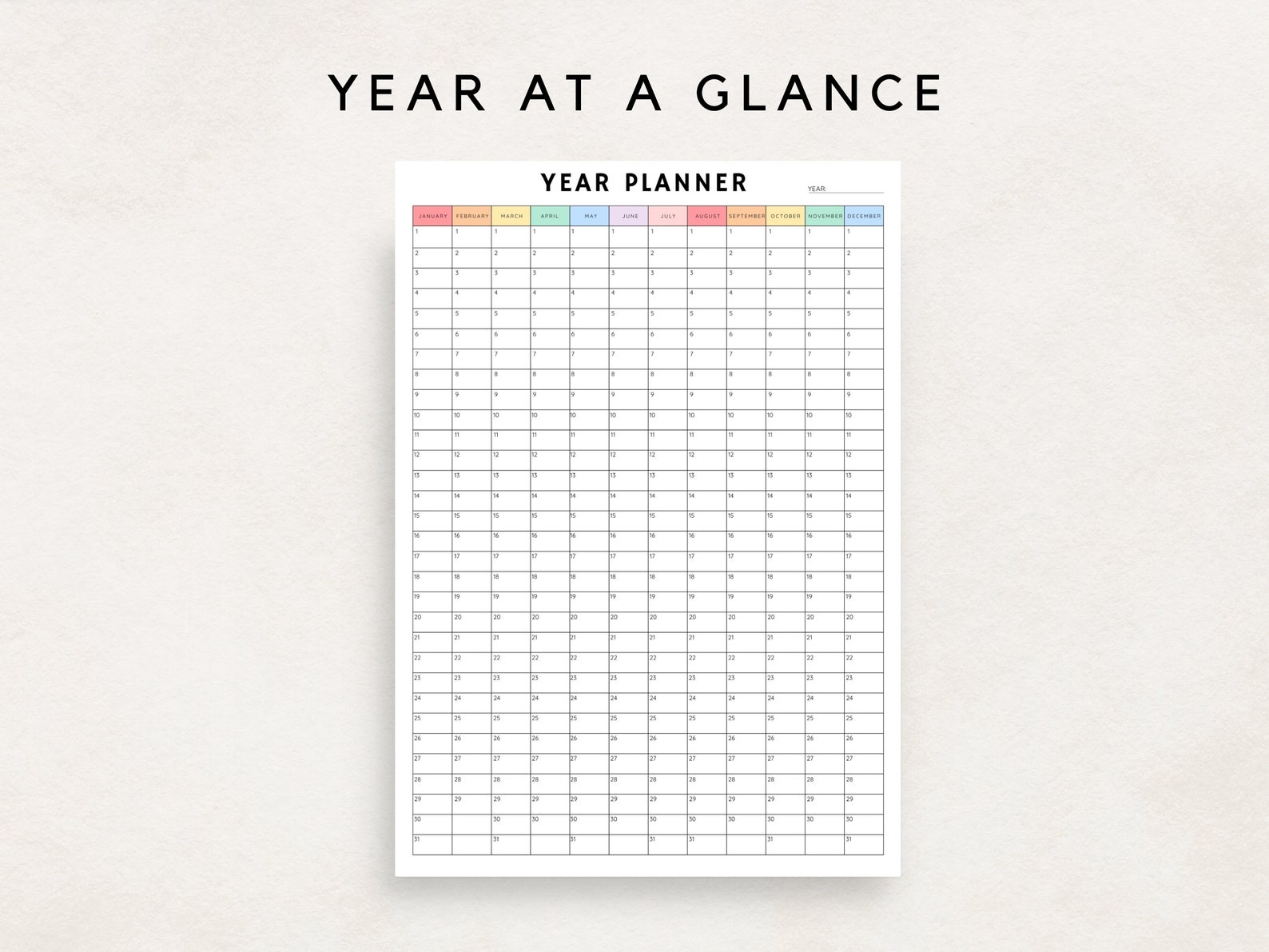 Yearly Planner on 1 Page, Year at a Glance, Undated Full Year Calendar ...