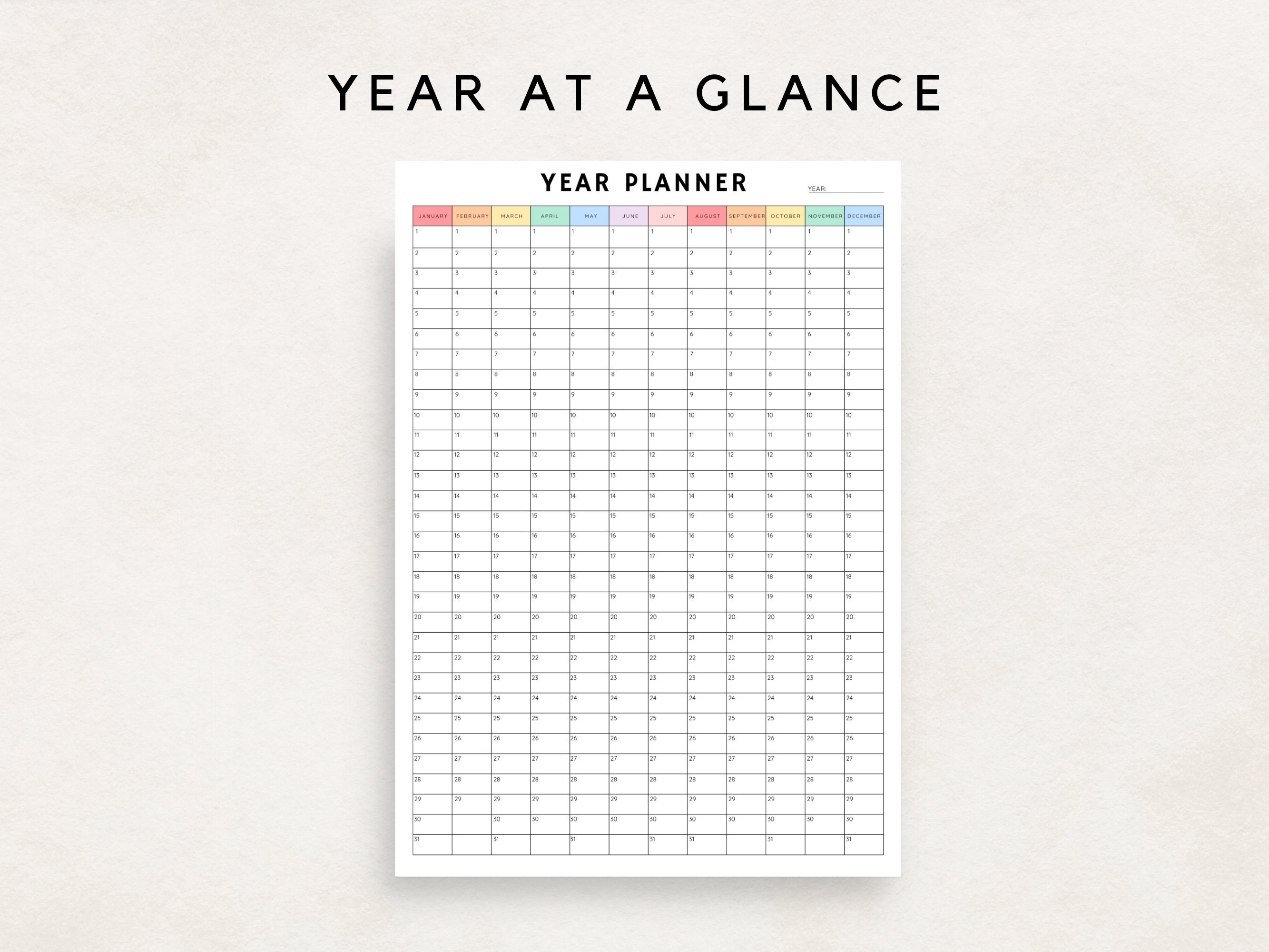 Yearly Planner on 1 Page, Year at a Glance, Undated Full Year Calendar ...