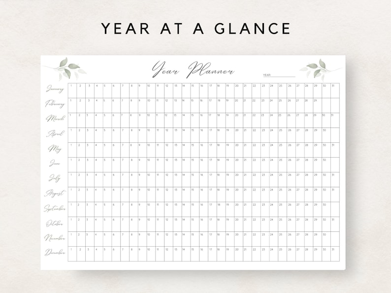 Full Year Calendar, Yearly Planner on 1 Page, Yearly Wall Planner ...