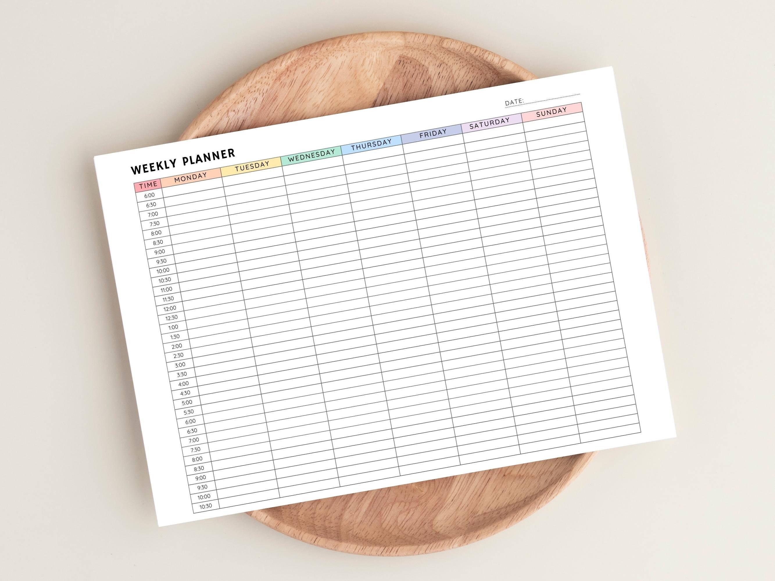 Half Hour Weekly Schedule, Half Hour Planner, Weekly Half Hourly Plan ...