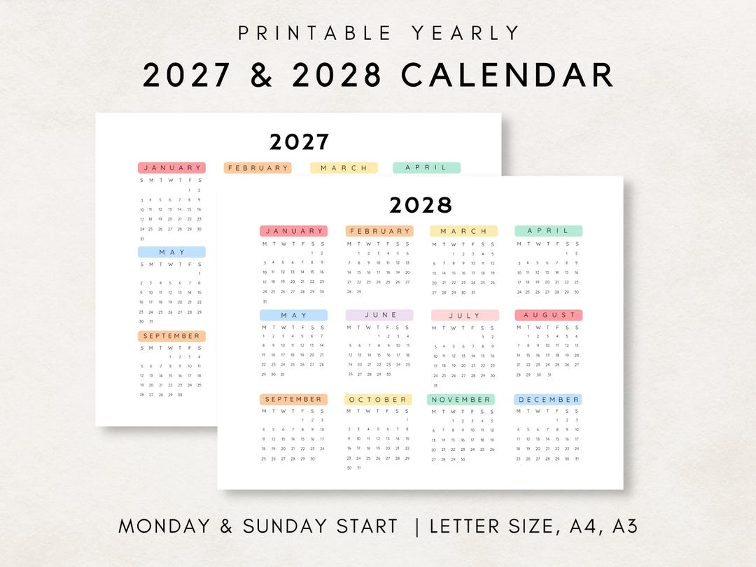 2027-2028 Yearly Calendar Printable, 2027-2028 Calendar, 2027-2028 ...