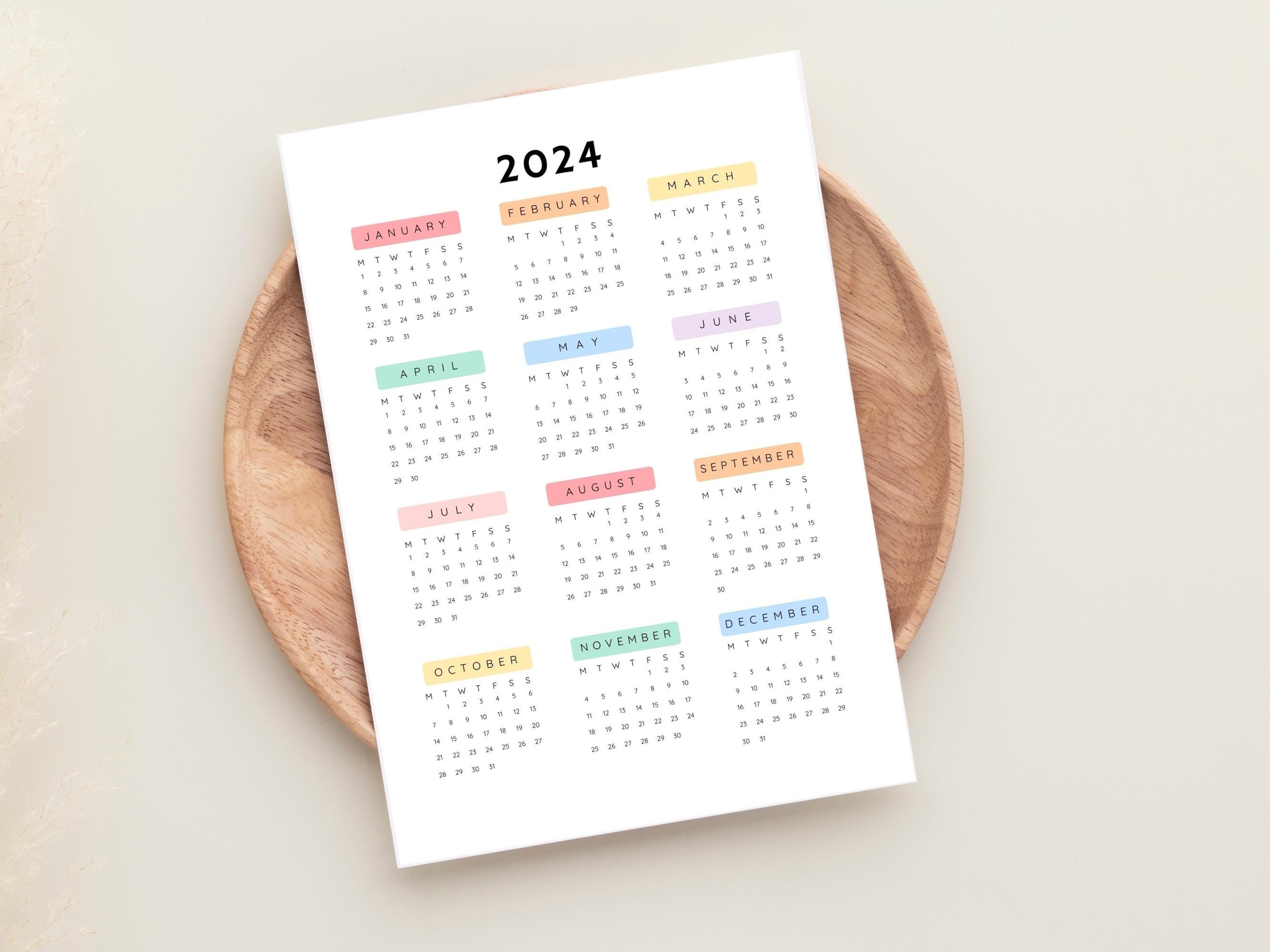 2024 Yearly Calendar Printable, Yearly Calendar Poster, 2024 Calendar ...