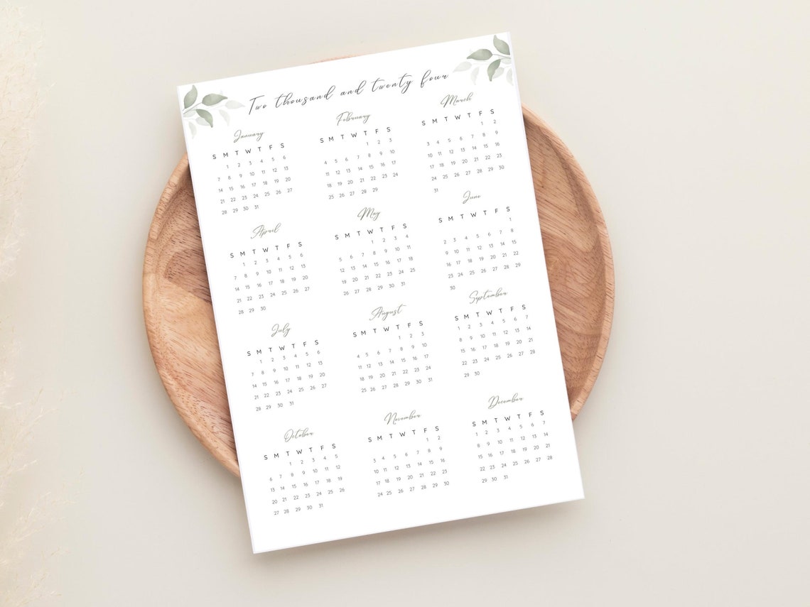 2024 Yearly Calendar Printable, Yearly Calendar Poster, 2024 Calendar ...