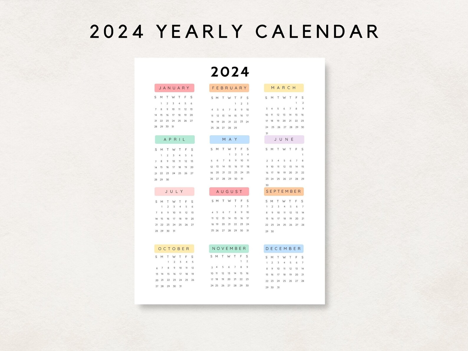 2024 Yearly Calendar Printable Yearly Calendar Poster 2024 Calendar