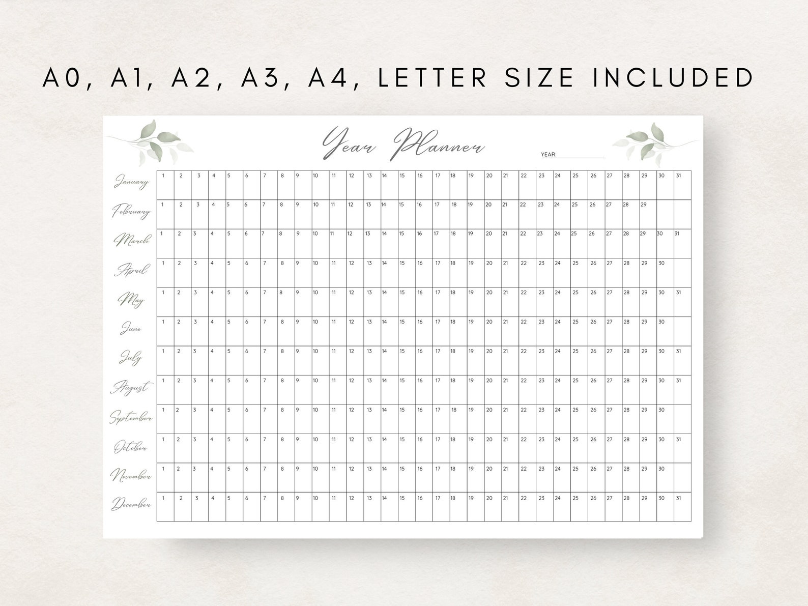 Full Year Calendar, Yearly Planner on 1 Page, Yearly Wall Planner ...
