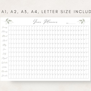 Full Year Calendar, Yearly Planner on 1 Page, Yearly Wall Planner ...