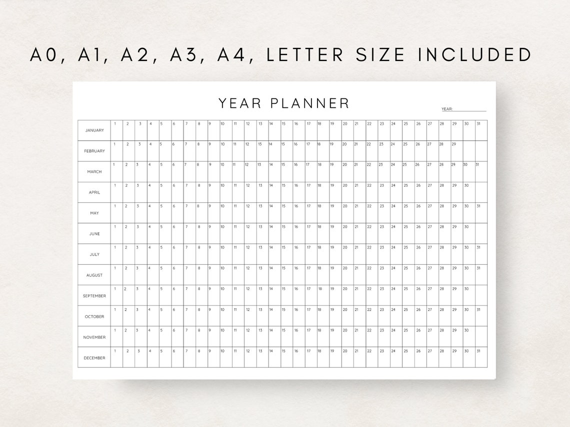 Yearly Wall Planner, Yearly Planner on 1 Page, Year at a Glance, Yearly ...