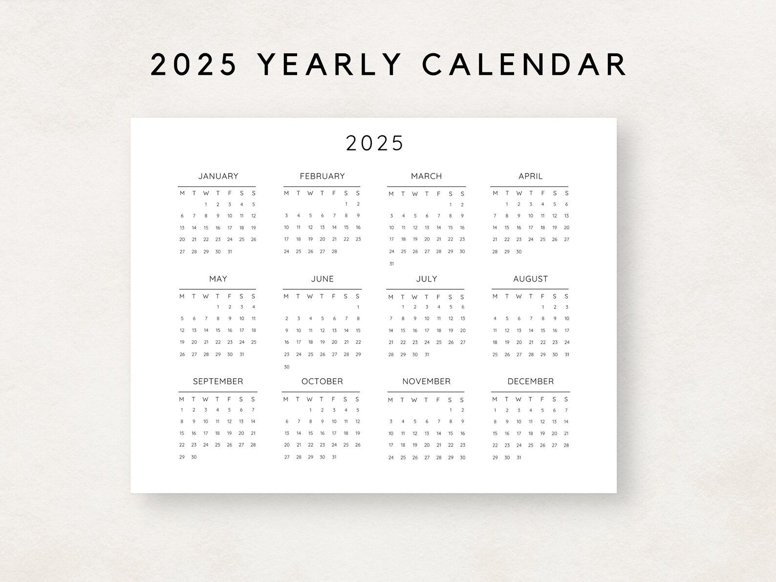2025 Yearly Calendar, Printable Calendar, 2025 Calendar, Digital ...