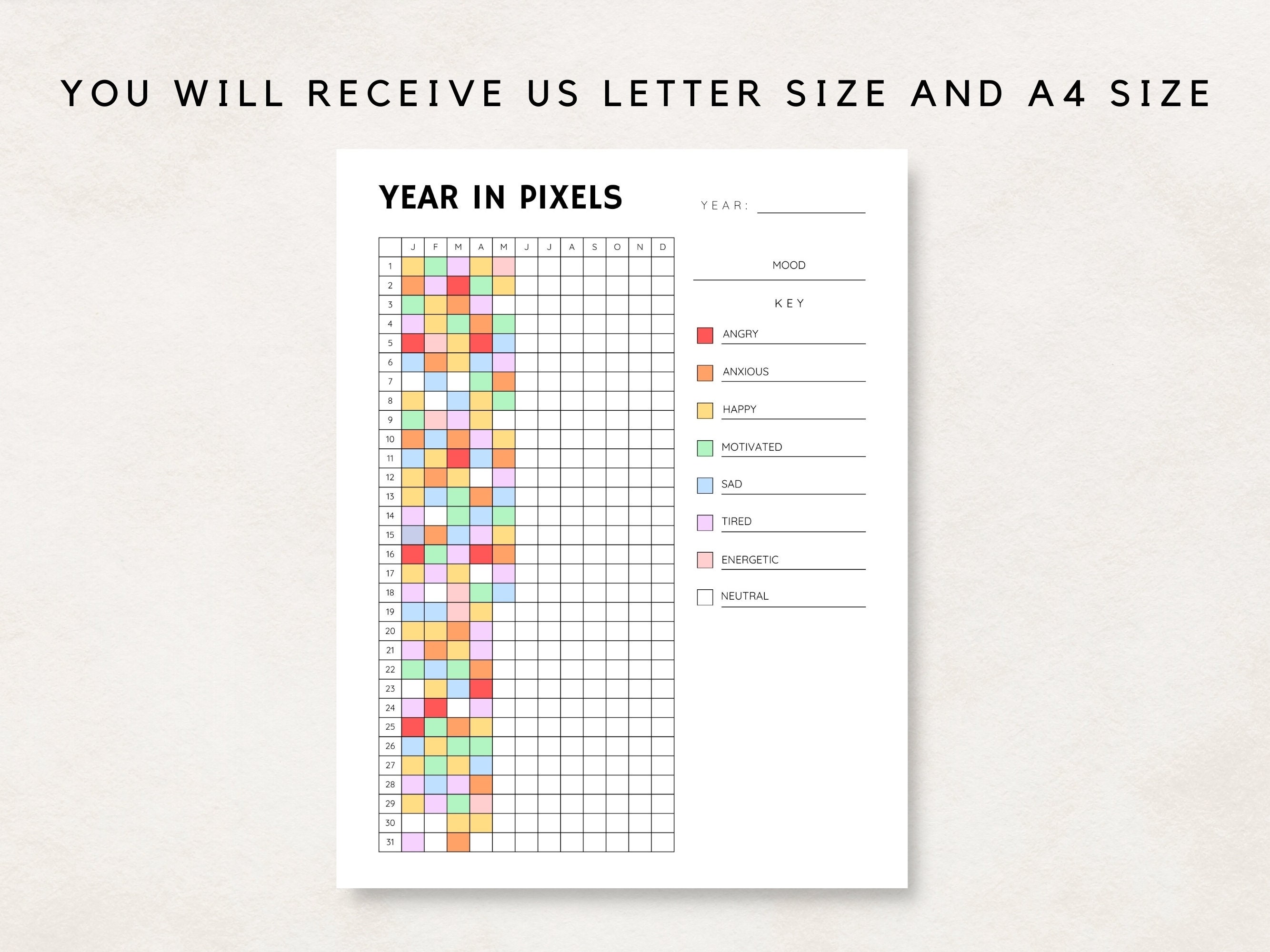 Year in Pixels, Yearly Tracker, Yearly Mood Tracker, Mood Tracker ...